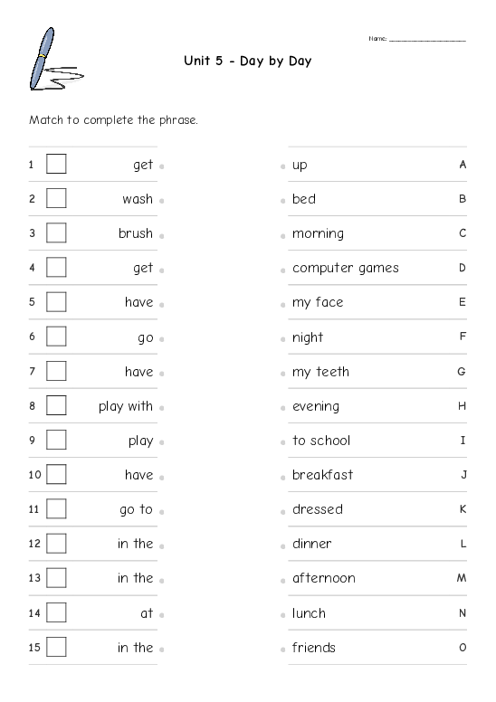 Unit 5 - Day by Day - Matching Pairs Worksheet - Quickworksheets