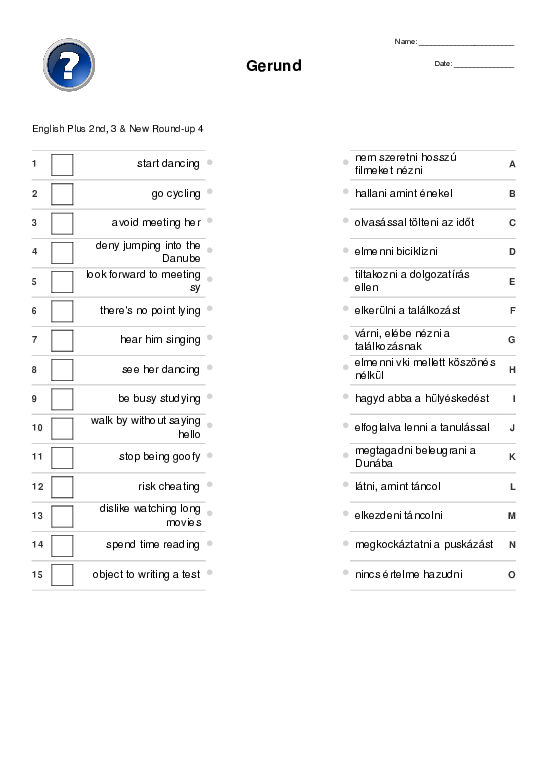Gerund - Matching Worksheet (Pairs) / Small Matching Cards Generator