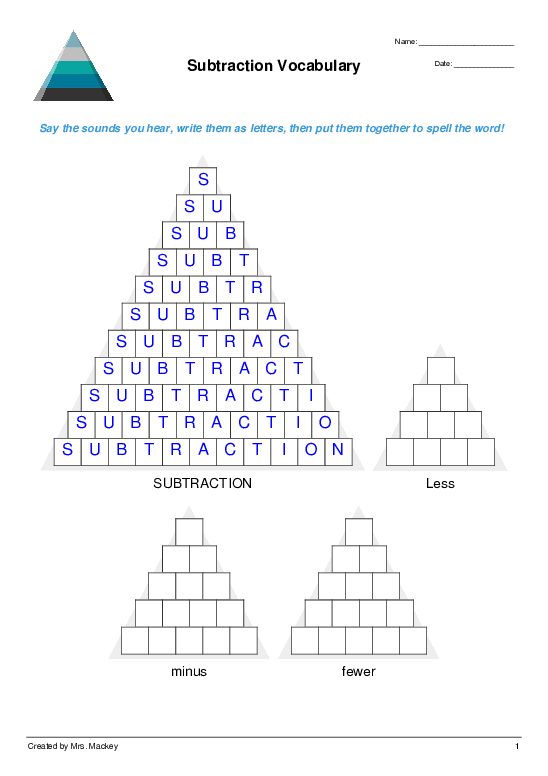 Subtraction Vocabulary - Pyramid Words Worksheet Maker