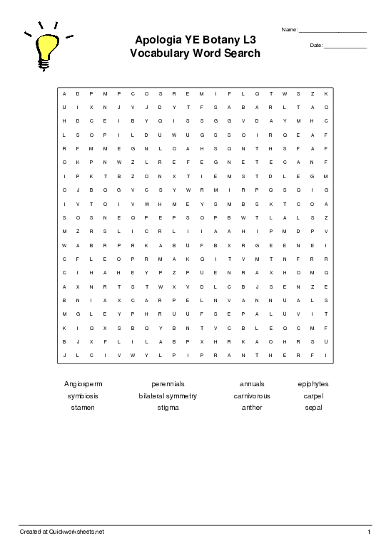 Apologia YE Botany L3 Vocabulary Word Search - Wordsearch - Quickworksheets