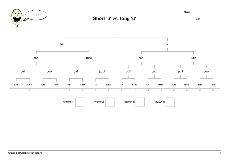 Short 'u' vs. long 'u' - Free Minimal Pairs Word Tree Worksheet Generator