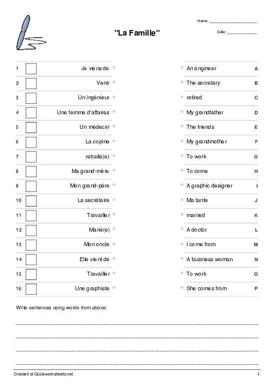 "La Famille" - Matching Pairs Worksheet - Quickworksheets