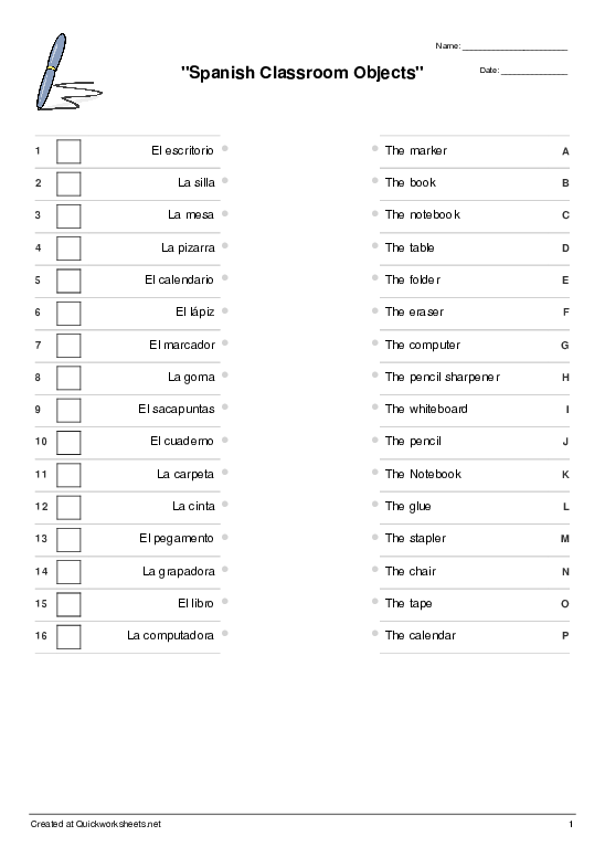 "Spanish Classroom Objects" - Matching Worksheet (Pairs) / Small ...