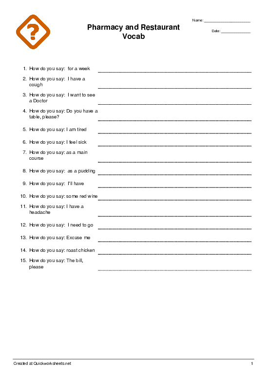 Pharmacy and Restaurant Vocab - Q & A Worksheet - Quickworksheets