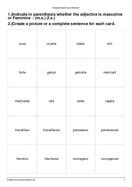 "Comment Décrire une Personne" - Small Cards - Quickworksheets