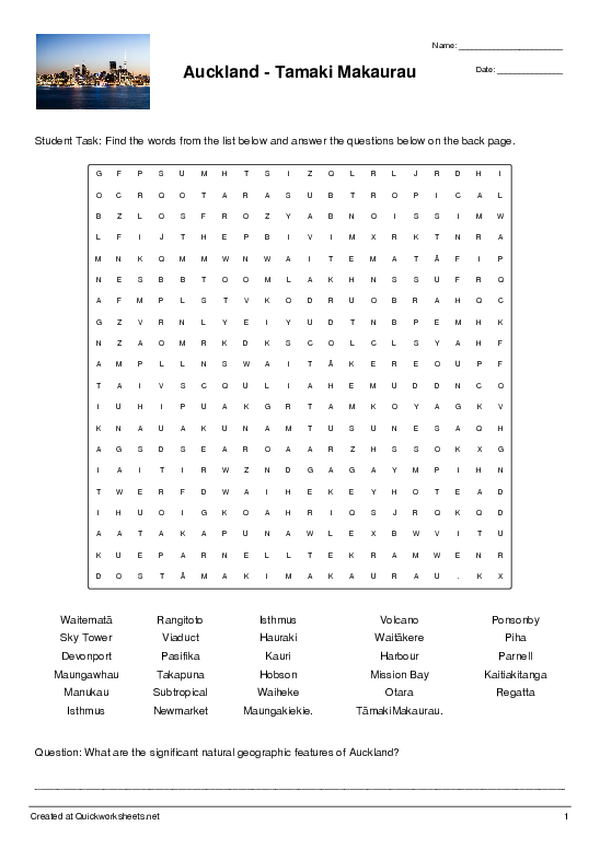 Auckland - Tamaki Makaurau - Wordsearch - Quickworksheets