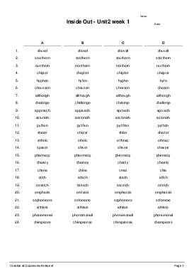 Inside Out - Unit2 week 1 - Spelling Test - Quickworksheets