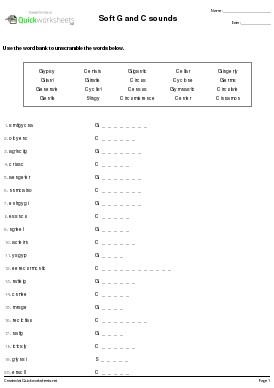 Soft G and C sounds - Word Scramble - Quickworksheets
