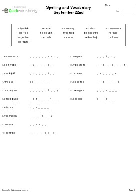Spelling and Vocabulary September 22nd - Word Scramble - Quickworksheets