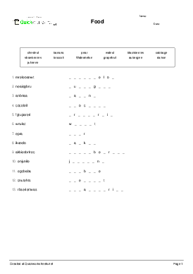 Food - Word Scramble - Quickworksheets