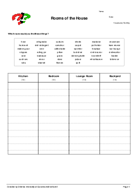 Rooms of the House - Sort into Categories Worksheet - Quickworksheets