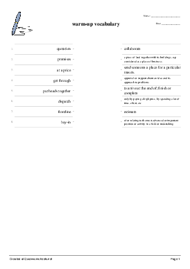 warm-up vocabulary - Matching Pairs Worksheet - Quickworksheets