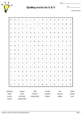 Spelling words for U & V - Wordsearch - Quickworksheets