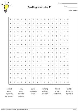 Spelling words for E - Wordsearch - Quickworksheets