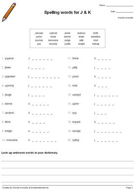 Spelling words for J & K - Word Scramble - Quickworksheets