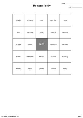 Meet my family - Bingo Sheet - Quickworksheets