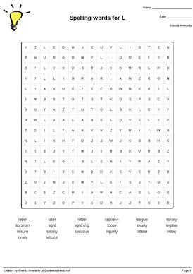 Spelling words for L - Wordsearch - Quickworksheets