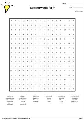 Spelling words for P - Wordsearch - Quickworksheets