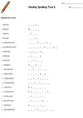Weekly Spelling Test 6 - Word Scramble - Quickworksheets