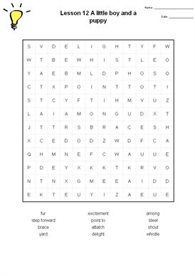 Lesson 12 A little boy and a puppy - Wordsearch - Quickworksheets