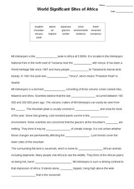 World Significant Sites of Africa - Cloze Test Worksheet - Quickworksheets