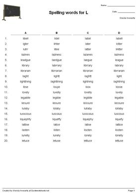 Spelling words for L - Spelling Test - Quickworksheets