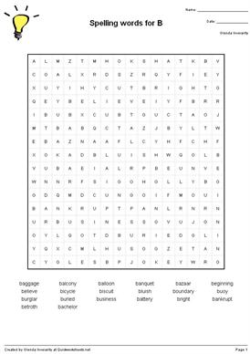 Spelling words for B - Wordsearch - Quickworksheets
