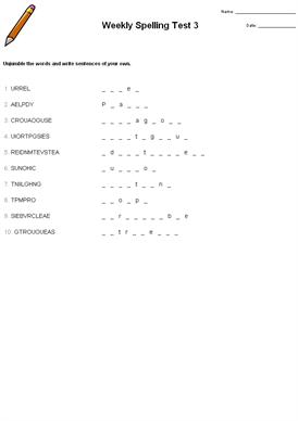 Weekly Spelling Test 3 - Word Scramble - Quickworksheets