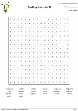 Spelling words for N - Wordsearch - Quickworksheets