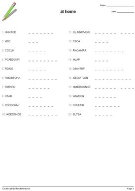 at home - Word Scramble - Quickworksheets