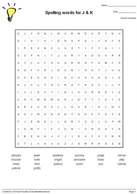 Spelling words for J & K - Wordsearch - Quickworksheets