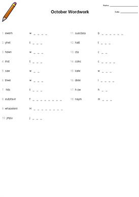 October Wordwork - Word Scramble - Quickworksheets