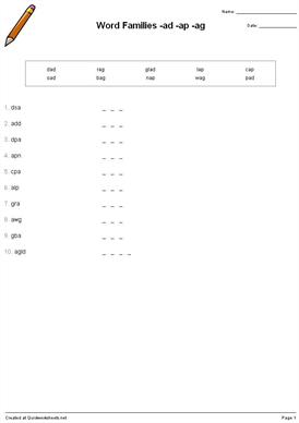 Word Families -ad -ap -ag - Word Scramble - Quickworksheets