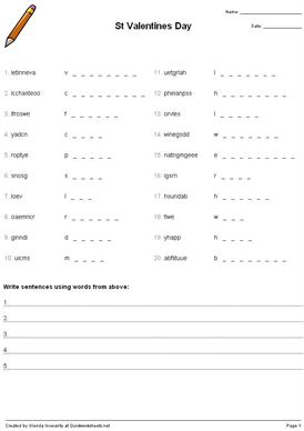 St Valentines Day - Word Scramble - Quickworksheets