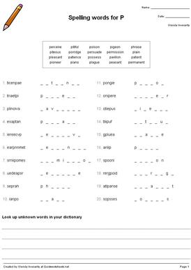 Spelling words for P - Word Scramble - Quickworksheets