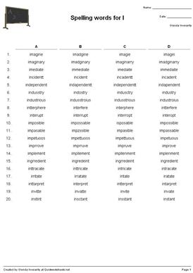Spelling words for I - Spelling Test - Quickworksheets