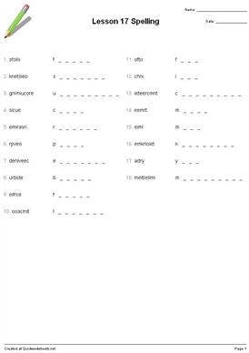 Lesson 17 Spelling - Word Scramble - Quickworksheets