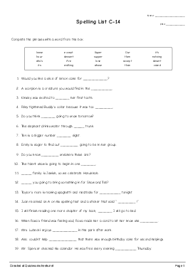 Spelling List C-14 - Fill-in-the-Blank Sentences Worksheet ...