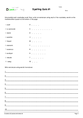 Spelling Quiz #1 - Word Scramble - Quickworksheets