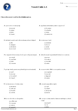 Vocab Units 1-3 - Multiple Choice Worksheet - Quickworksheets