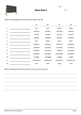 Blue Unit 3 - Spelling Test - Quickworksheets