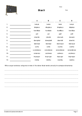 Blue 9 - Spelling Test - Quickworksheets