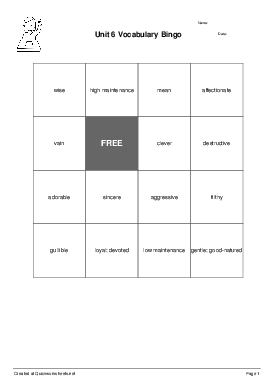 Unit 6 Vocabulary Bingo - Bingo Sheet - Quickworksheets