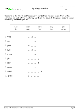 Spelling Activity - Word Scramble - Quickworksheets