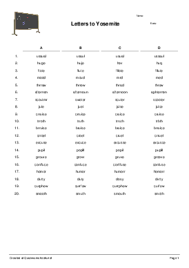 Letters to Yosemite - Spelling Test - Quickworksheets